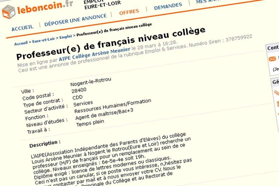 "Recherche prof sur leboncoin.fr" : le poste a trouvé preneur